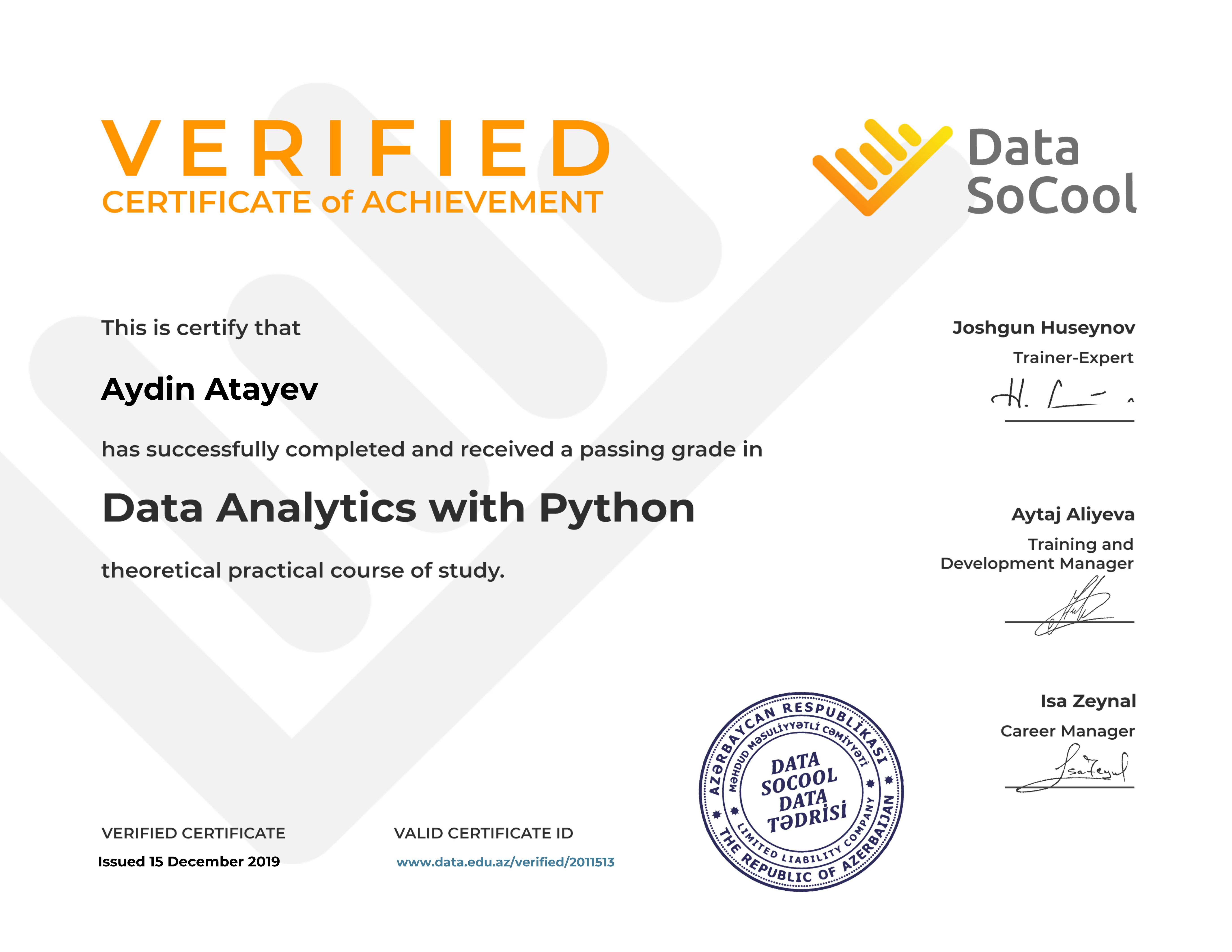 Data SoCool Course Completion Certificate