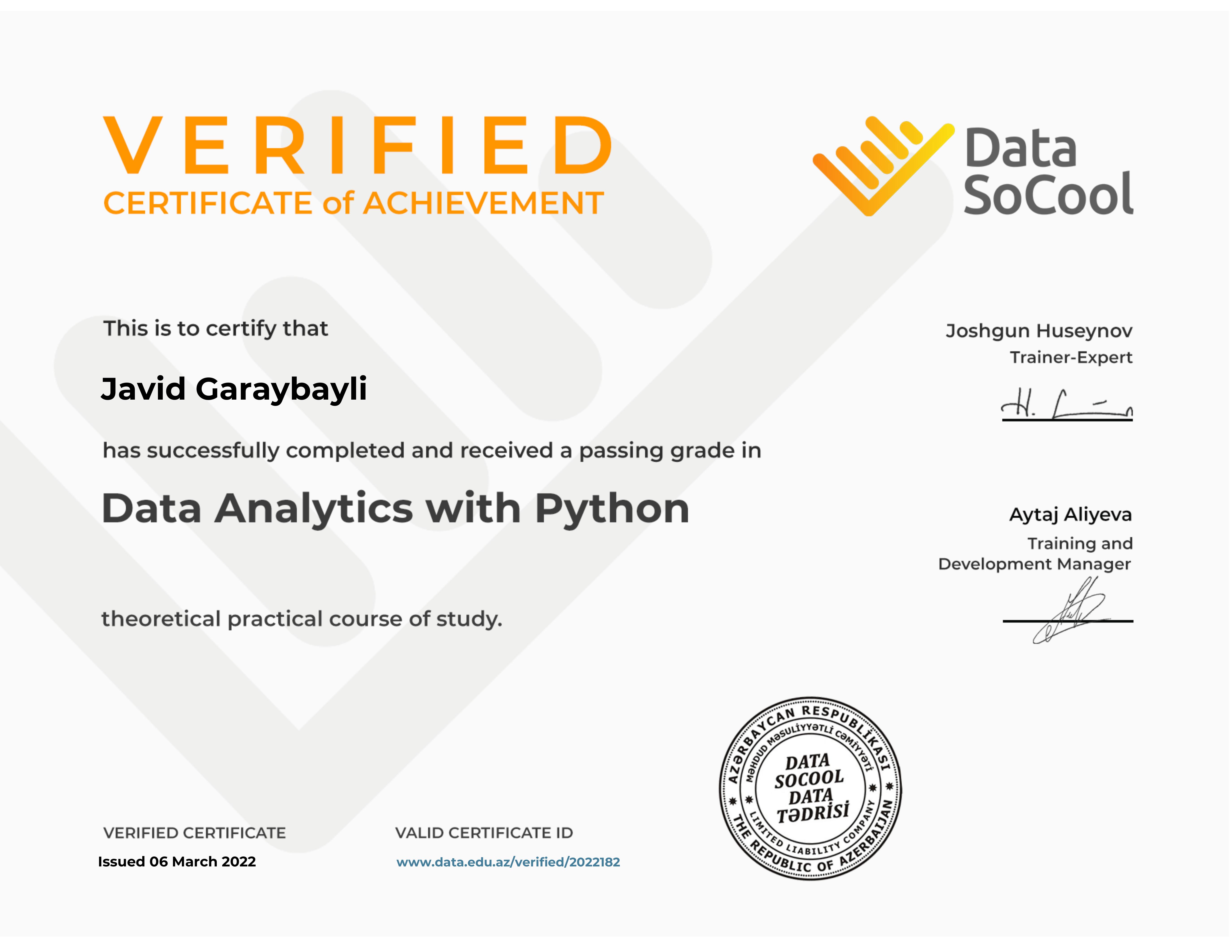 Data SoCool Course Completion Certificate